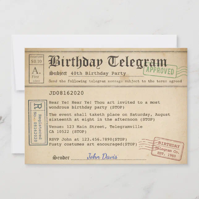 Birthday Telegram Invitation | Zazzle