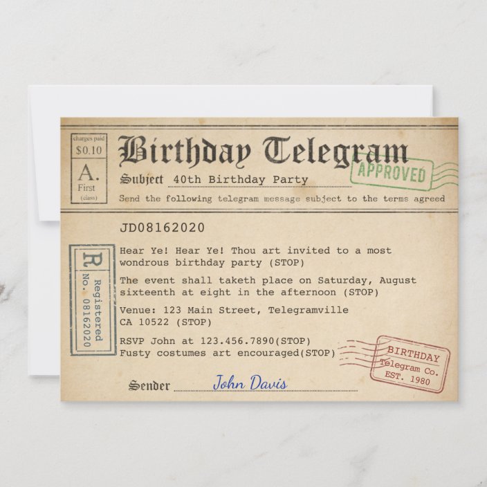 Birthday Telegram Invitation | Zazzle.com
