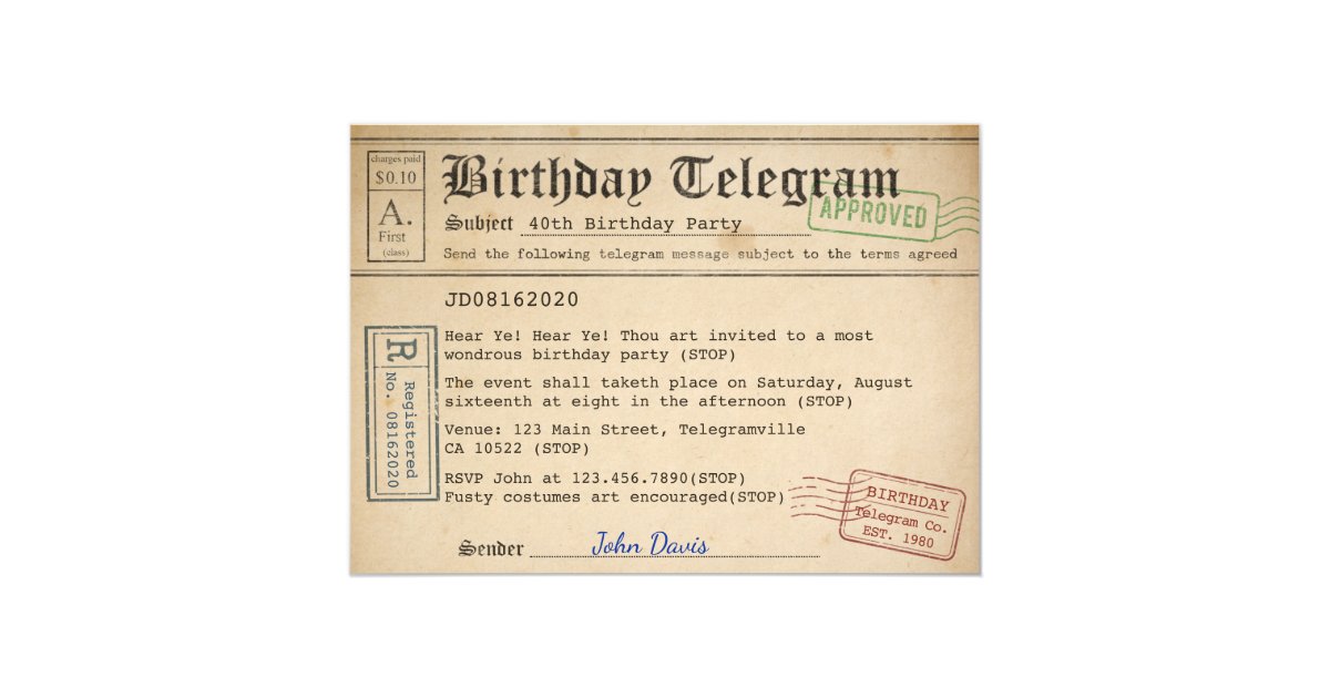 Birthday Telegram Invitation | Zazzle.com