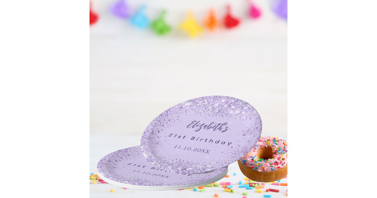 Birthday violet confetti elegant paper plates | Zazzle