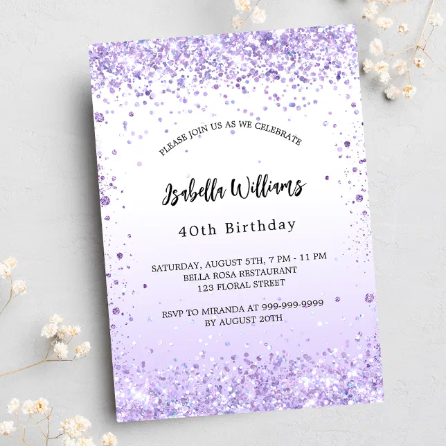 Birthday violet lavender sparkles script luxury invitation | Zazzle