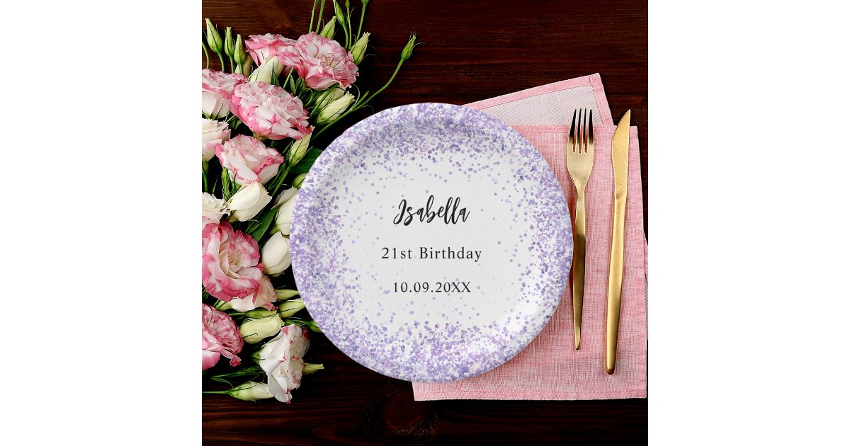 Birthday violet white confetti paper plates | Zazzle