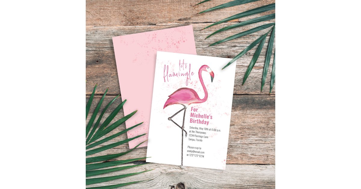 Birthday Watercolor Pink Tropical Beach Flamingo Invitation | Zazzle