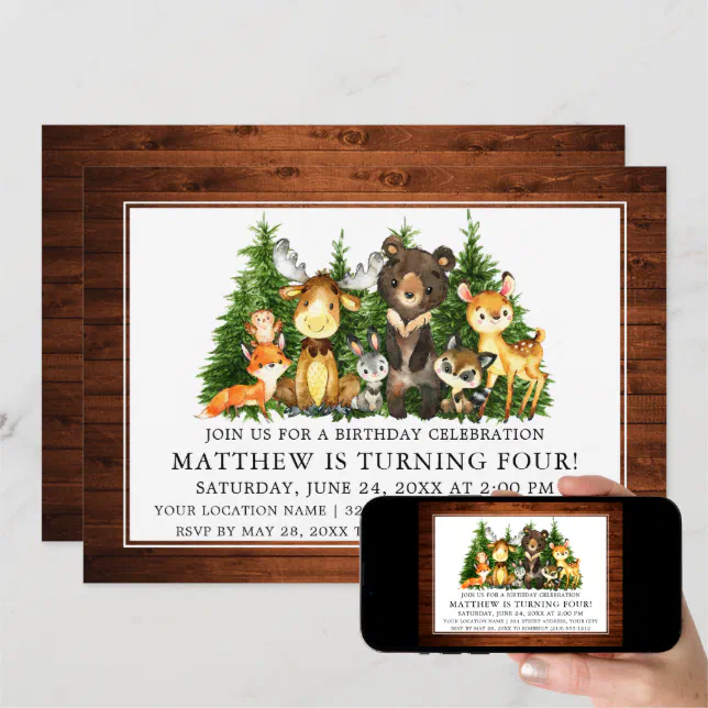 Birthday Watercolor Woodland Animals Wood Invitation | Zazzle