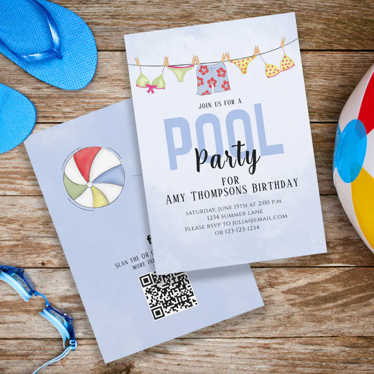 Birthday Whimsical Pool Party QR Code Social Media Invitation | Zazzle