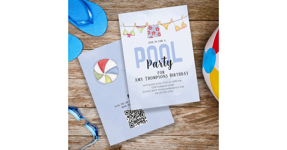 Birthday Whimsical Pool Party QR Code Social Media Invitation | Zazzle