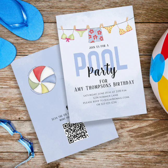 Birthday Whimsical Pool Party QR Code Social Media Invitation | Zazzle