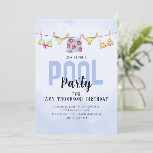 Birthday Whimsical Pool Party Swimsuits QR Code Invitation | Zazzle