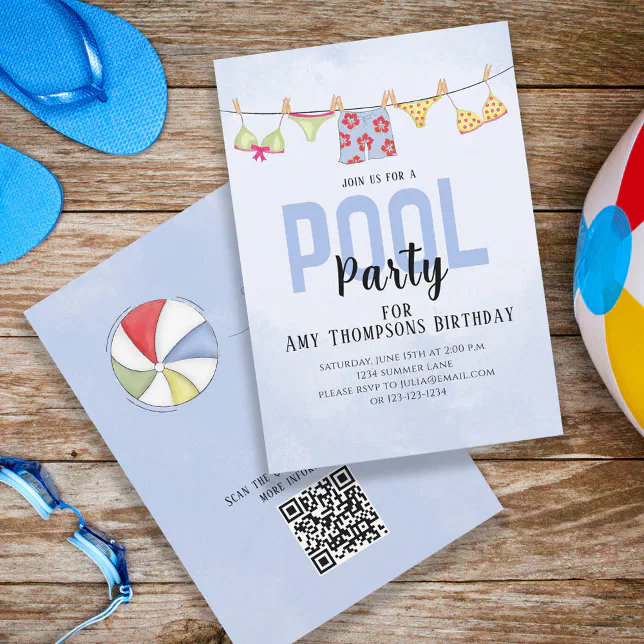Birthday Whimsical Pool Party Swimsuits QR Code Invitation | Zazzle