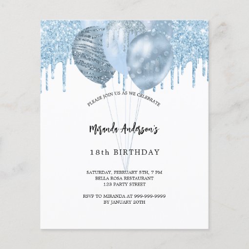 Birthday white blue balloons budget invitation flyer | Zazzle