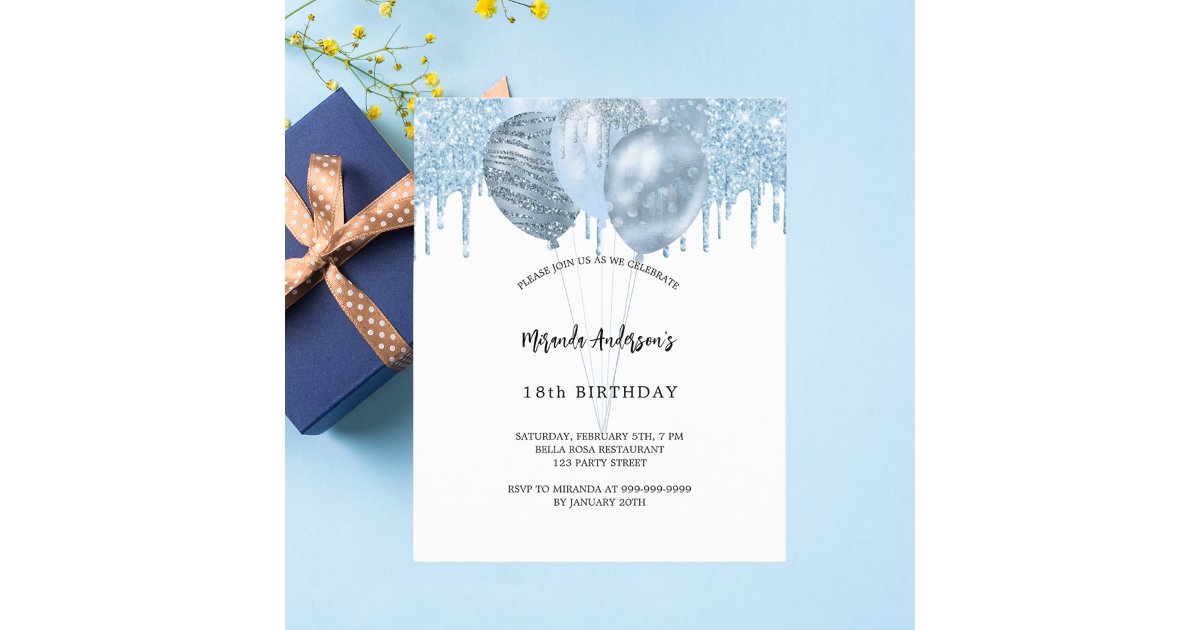 Birthday white blue balloons glitter drips invitation postcard | Zazzle