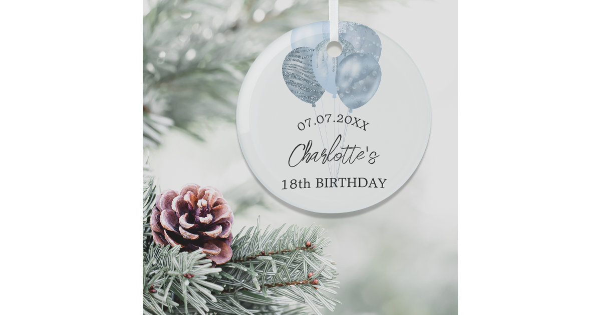 Birthday white blue balloons name glass ornament | Zazzle