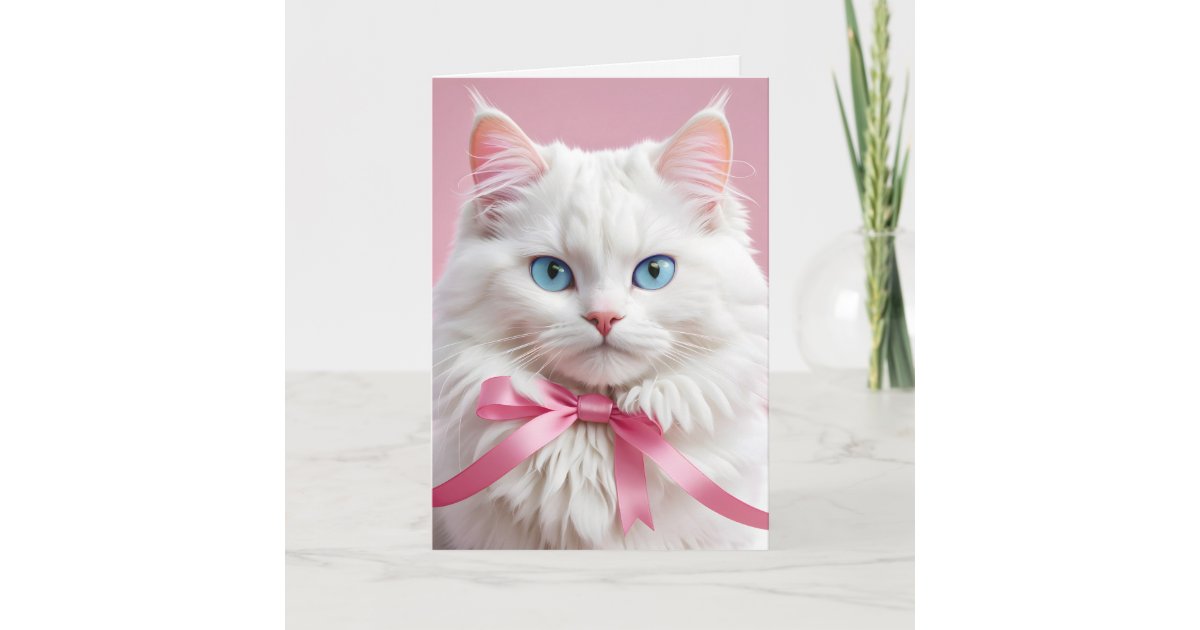 Birthday White Cat With Bow Card | Zazzle