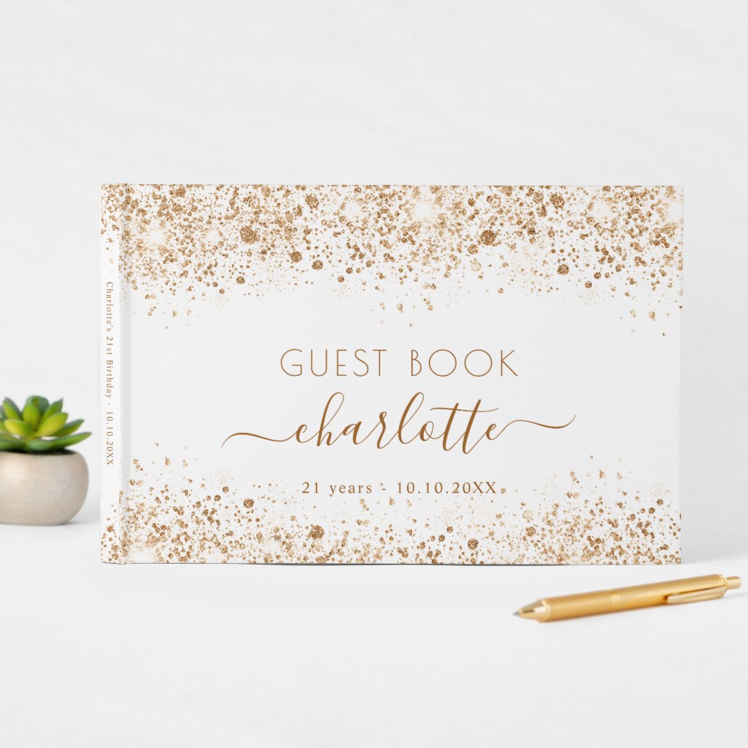 Birthday white gold glitter dust monogram guest book | Zazzle