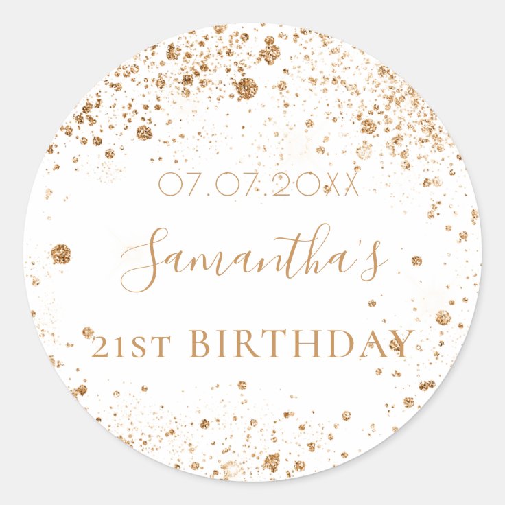 Birthday white gold glitter monogram favor classic round sticker | Zazzle