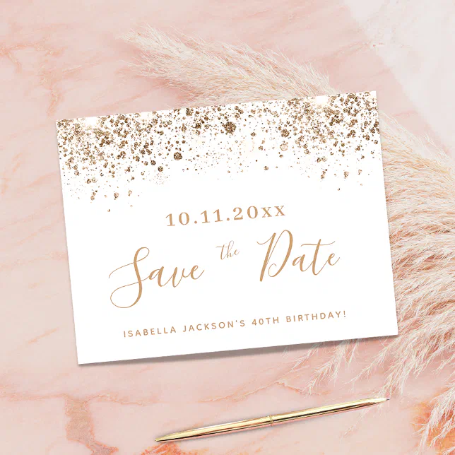 Birthday white gold glitter save the date announcement postcard | Zazzle