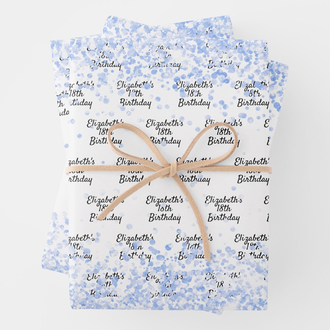 Birthday white light blue confetti sparkle name wrapping paper sheets ...