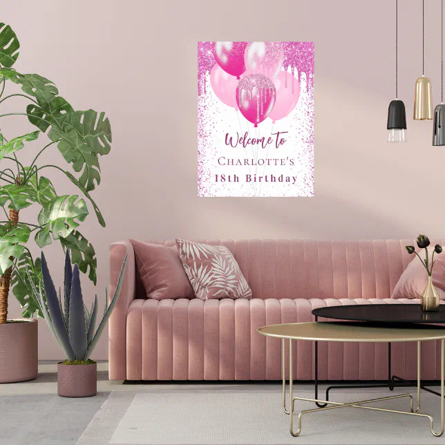Birthday white pink balloons girl welcome party poster | Zazzle