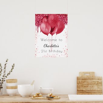 Birthday white red glitter welcome balloons poster | Zazzle