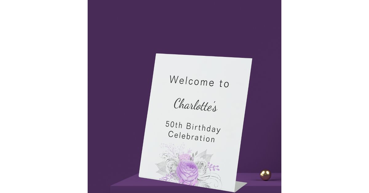 Birthday white violet flowers silver welcome pedestal sign | Zazzle