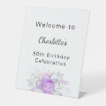 Birthday white violet flowers silver welcome pedestal sign | Zazzle