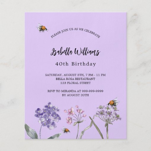 Birthday wildflowers violet pink budget invitation flyer | Zazzle