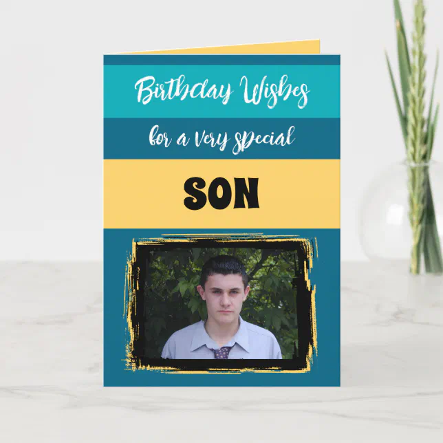 Birthday wishes special son blue photo card | Zazzle