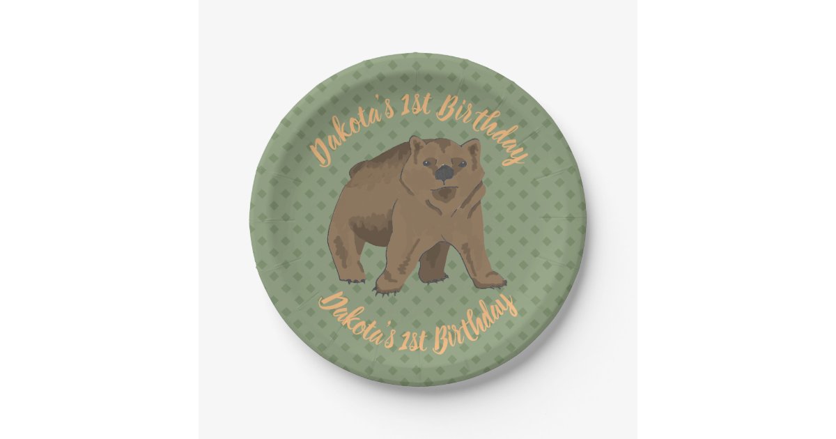 Birthday Woodland Brown Bear Cub Paper Plates | Zazzle