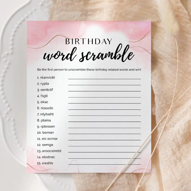 Birthday Word Scramble Rose Gold Party Game Card | Zazzle