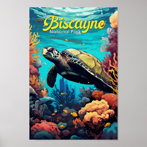 Biscayne National Park Turtle Illustration Retro Poster | Zazzle