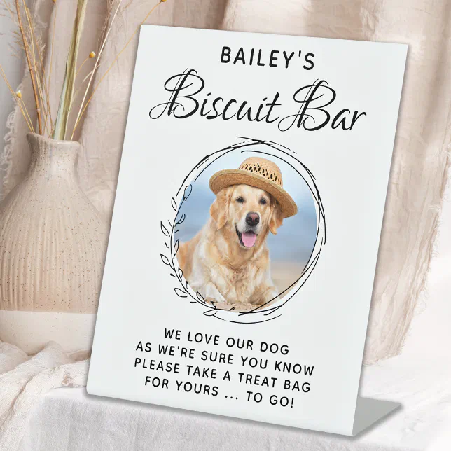 Biscuit Bar Pet Photo Dog Treat Wedding Favor Pedestal Sign | Zazzle