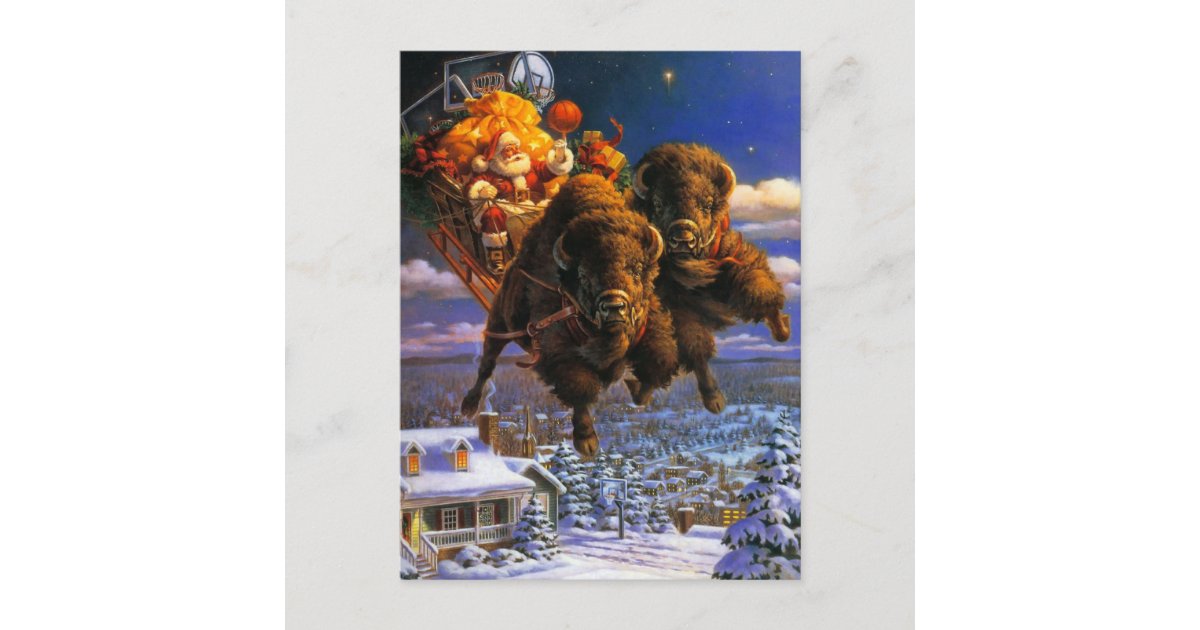 Bison Pulling Santa Claus Holiday Postcard | Zazzle.com