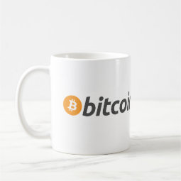 Bitcoin original orange and white logo with text coffee mug | Zazzle