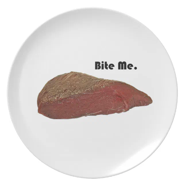 Bite Me Funny Steak Beef Pun Joke Dinner Plate | Zazzle