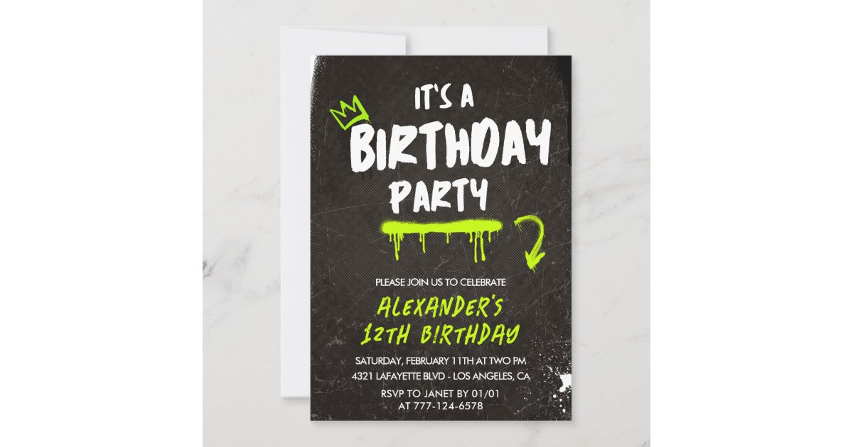 Black 12th birthday invitations boy Graffiti Paint | Zazzle