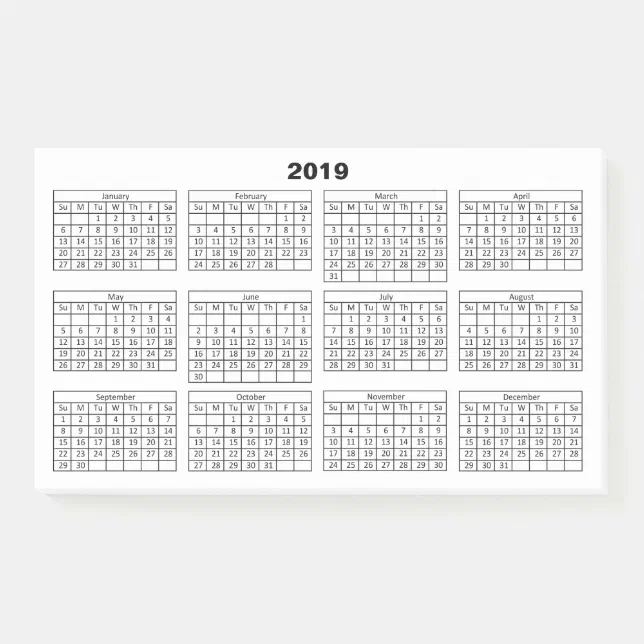 Black 2019 Calendar on White Post-it Notes | Zazzle