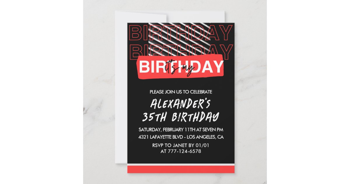 Black 35th birthday invitations Men Party Red | Zazzle