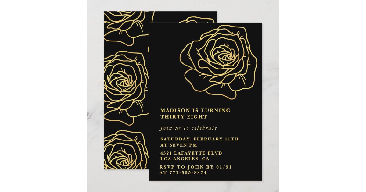 Black 38th birthday invitations Gold Floral | Zazzle