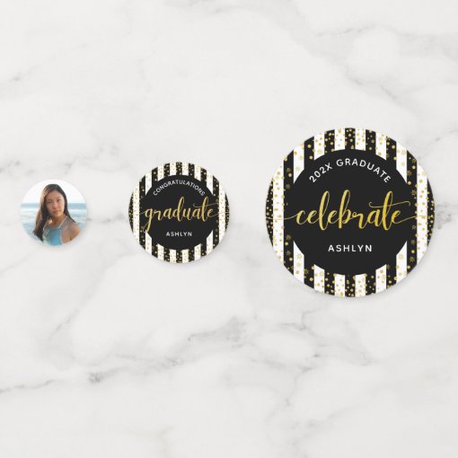 Black 3 Photo Graduation Gold Glitter Script Cap Confetti | Zazzle