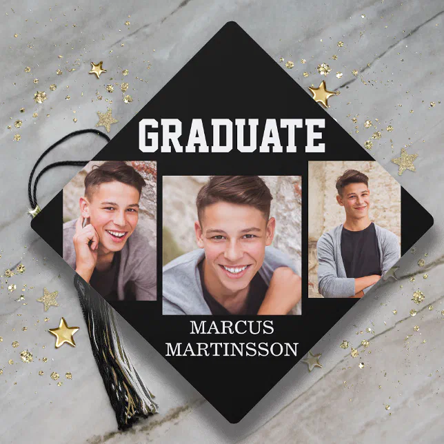 Black 3 Photo Graduation Graduation Cap Topper | Zazzle