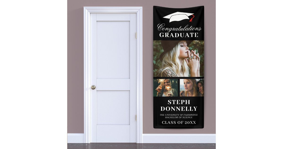 Black 3 Picture Graduation Party Banner | Zazzle