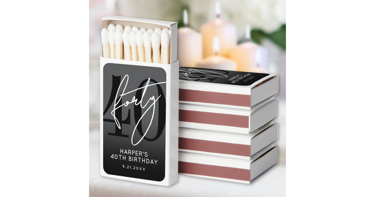Black 40th Birthday Party Matchboxes | Zazzle