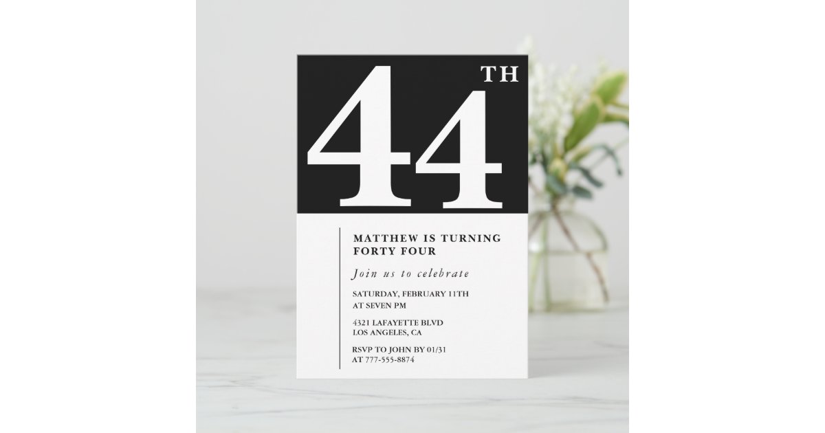 Black 44th birthday invitation Elegant Chic Simple | Zazzle