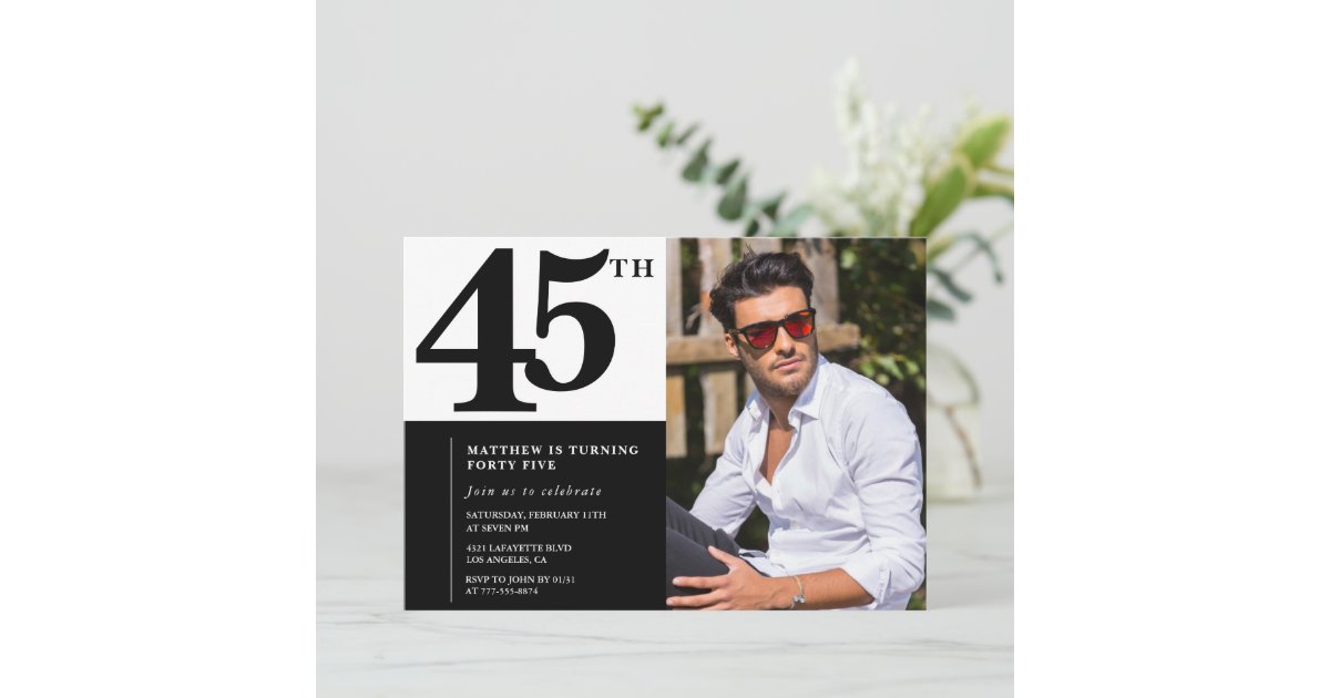 Black 45th birthday invitations Elegant Chic | Zazzle