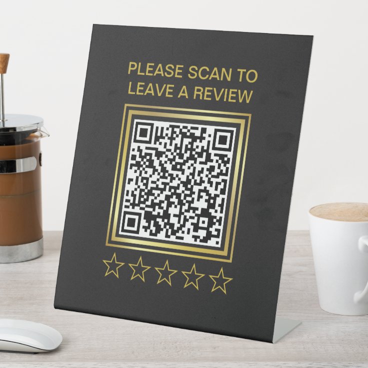 Black 5 Star Review Business Rating QR Code Pedestal Sign | Zazzle