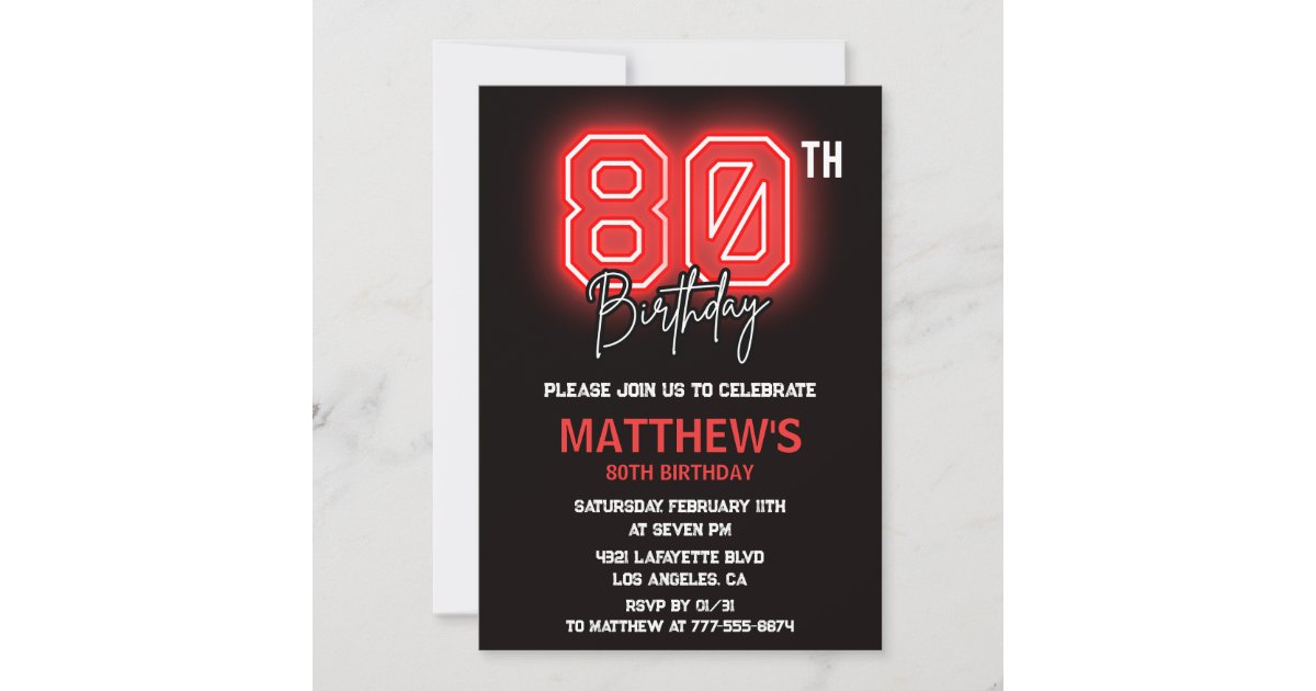 Black 80th birthday invitations Men Neon | Zazzle