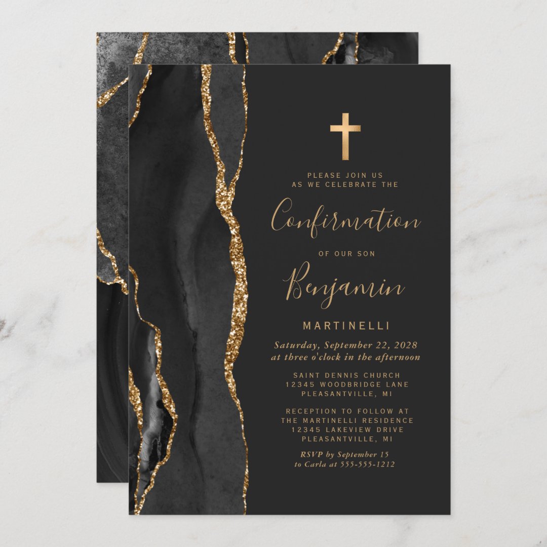 Black Agate Gold Confirmation Invitation | Zazzle
