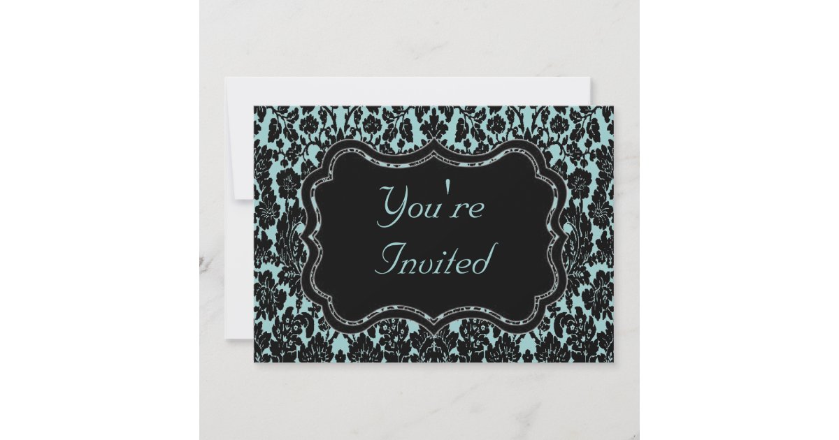 Black and Aqua Damask Invitation | Zazzle