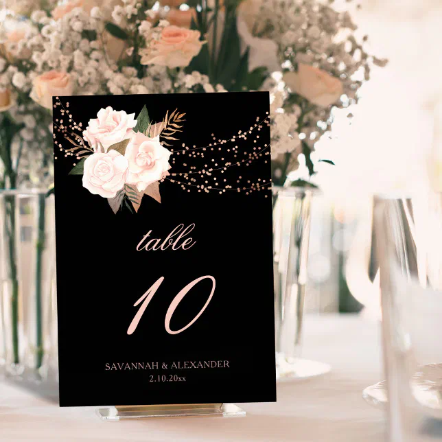 Black and Blush Pink Floral String Lights Wedding Table Number | Zazzle
