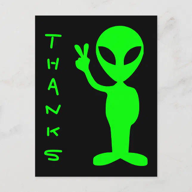 Black and Bright Green Alien Thanks Postcard | Zazzle